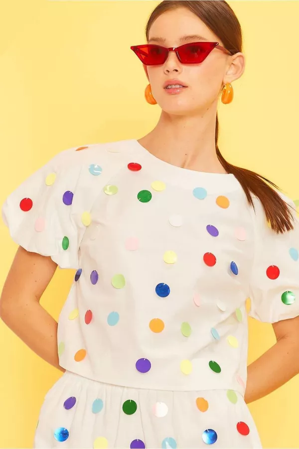 Wholesale Funny Colorful Big Sequin Trim Crop Top - Mainstrip