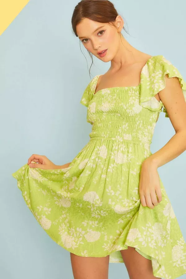 Wholesale Floral Print Smocking Back self tie Mini Dress - Mainstrip
