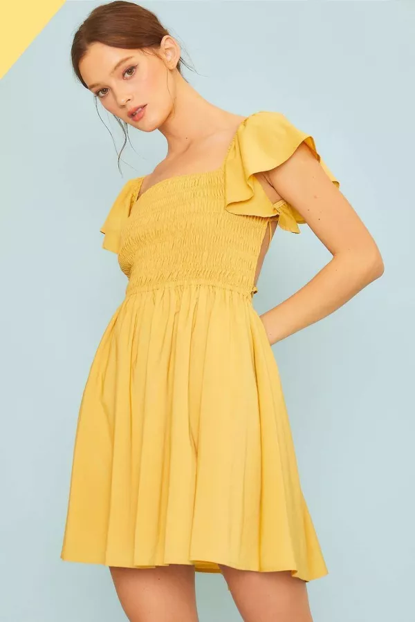 Wholesale Smocking Back Self tie Solid Mini Dress - Mainstrip
