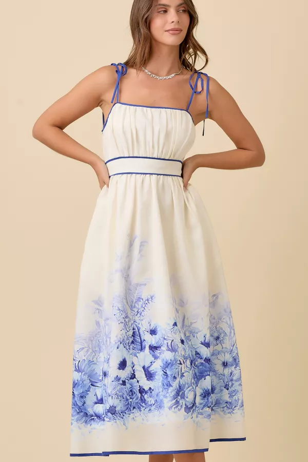 Wholesale Floral Printed Border Midi Dress With Binding - Mainstrip