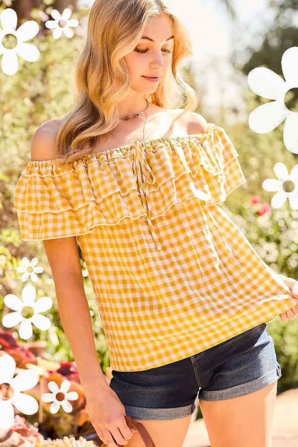 Wholesale Off Shoulder Tier Ruffle Gingham Print Top - Mainstrip
