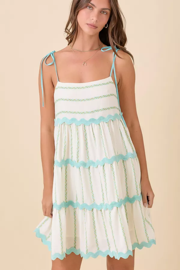 Wholesale Floral Stripe Mini Dress With Ric Rac Trim - Mainstrip