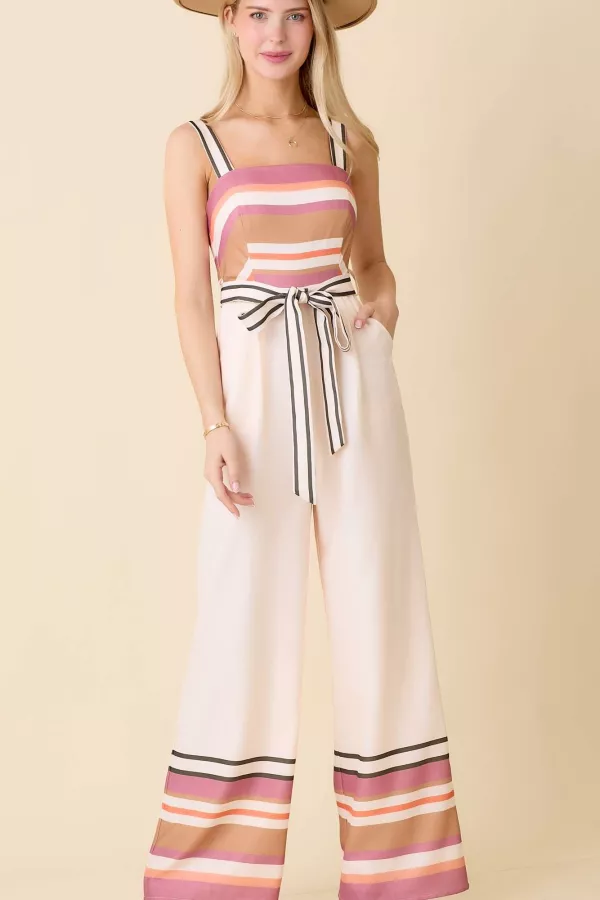 Wholesale Neutral Multi Stripe Jumpsuit With Belt Tie - Mainstrip