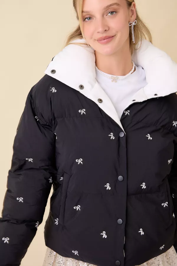 Wholesale Ribbon Bow Embroidered Puffer Jacket - Mainstrip