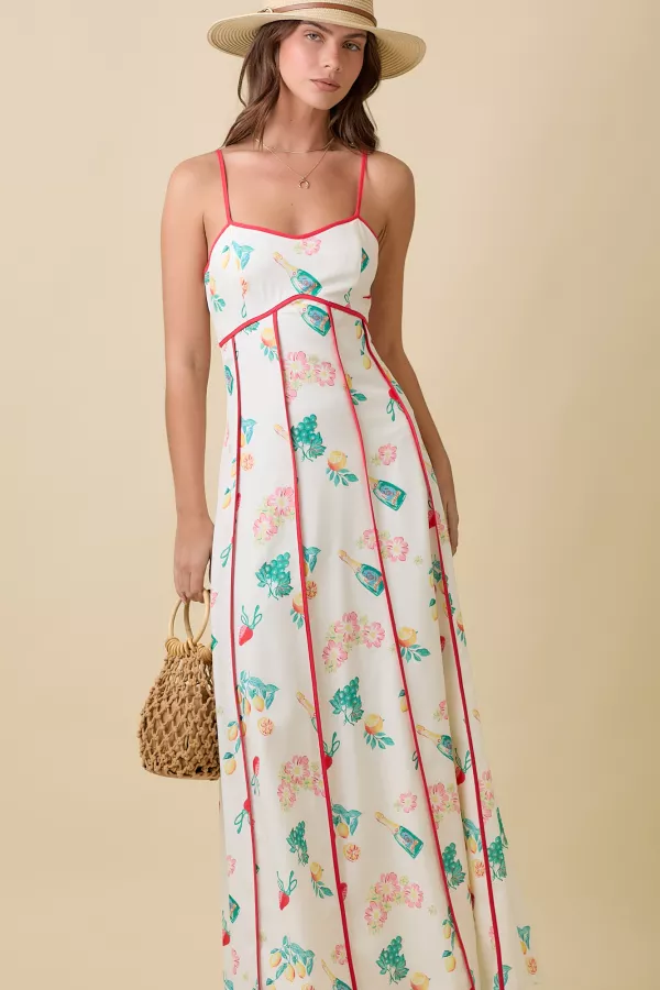 Wholesale Maxi Strap Dress With Vintage Print And Binding - Mainstrip