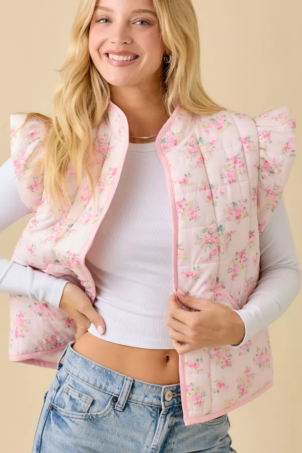 Wholesale Floral Printed Ruffle Sleeve Puff Vest - Mainstrip