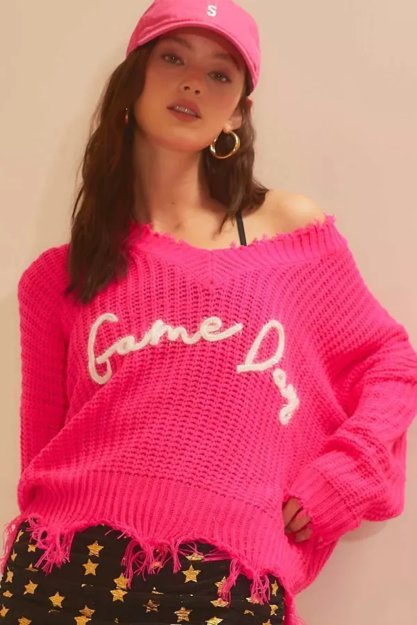 Wholesale GAME DAY Sparkle Letter Frayed Edge Sweater - Mainstrip